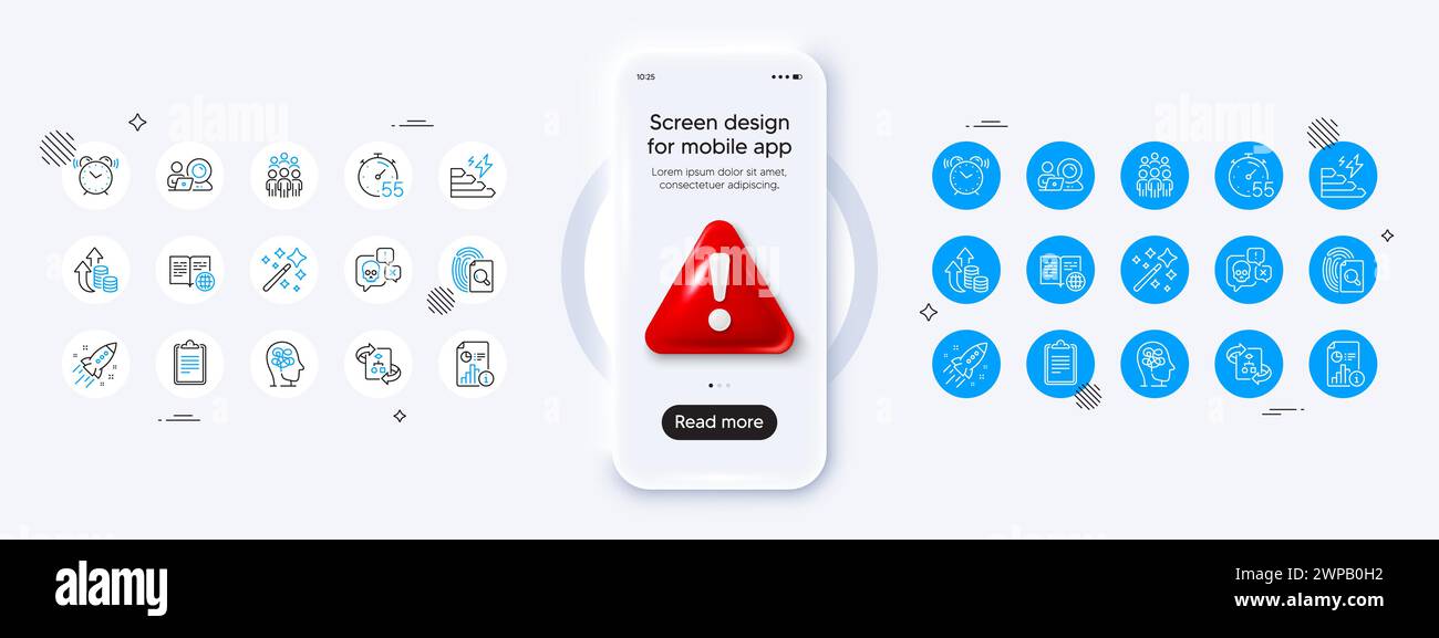 Inspect, Cyber attack and Inflation line icons. For web app, printing. Phone mockup with 3d ...