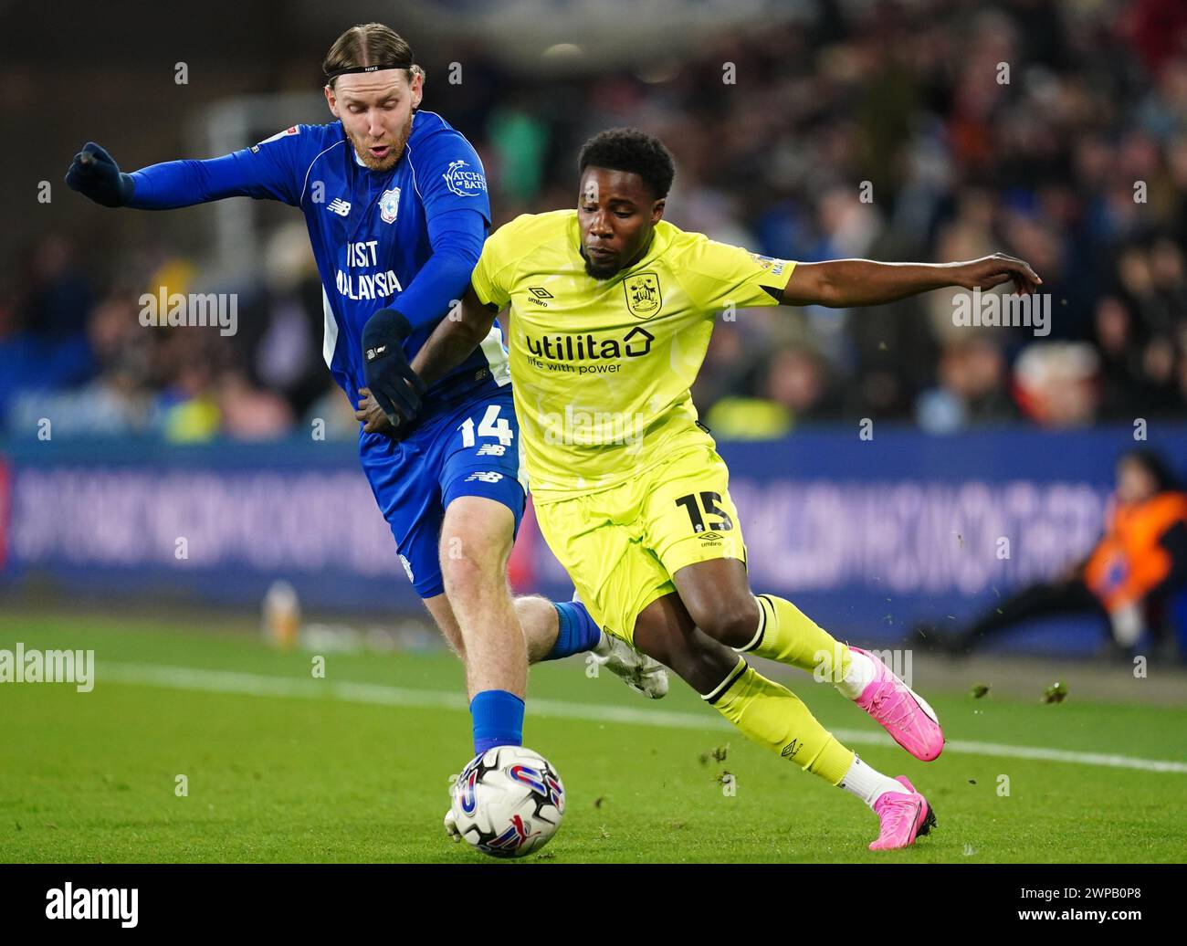Cardiff City's Josh Bowler (left) and Huddersfield Town's Jaheim ...