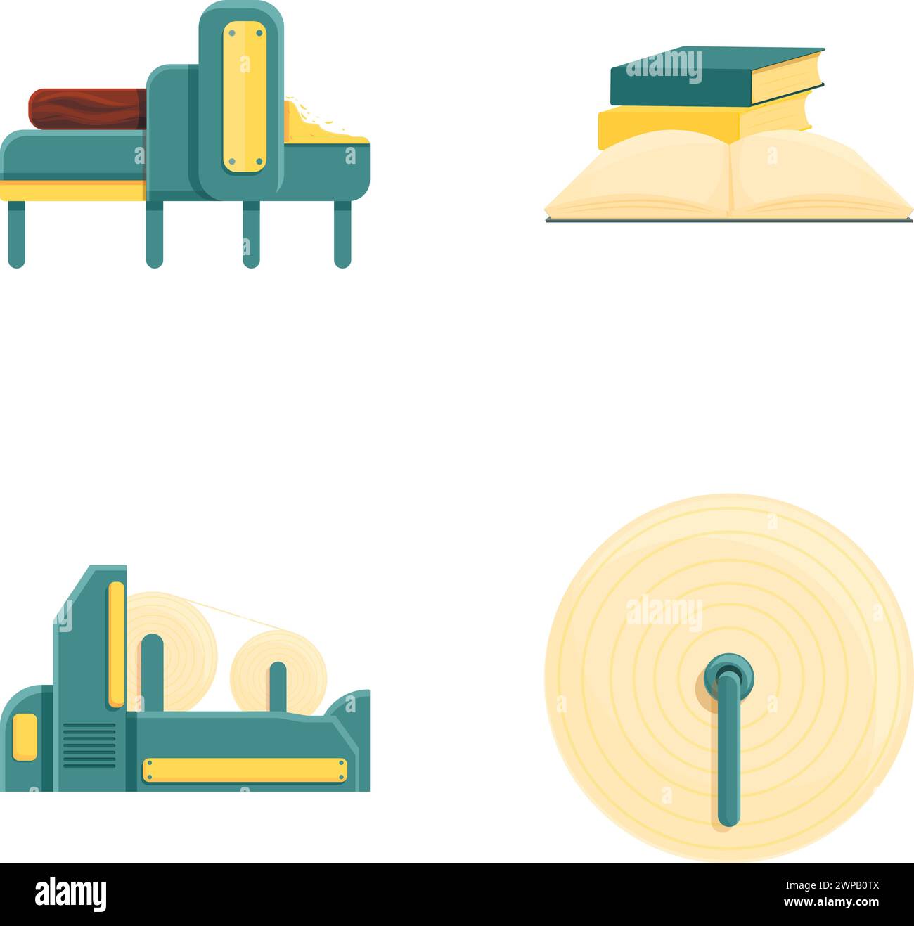 Paper production icons set cartoon vector. Equipment for paper ...