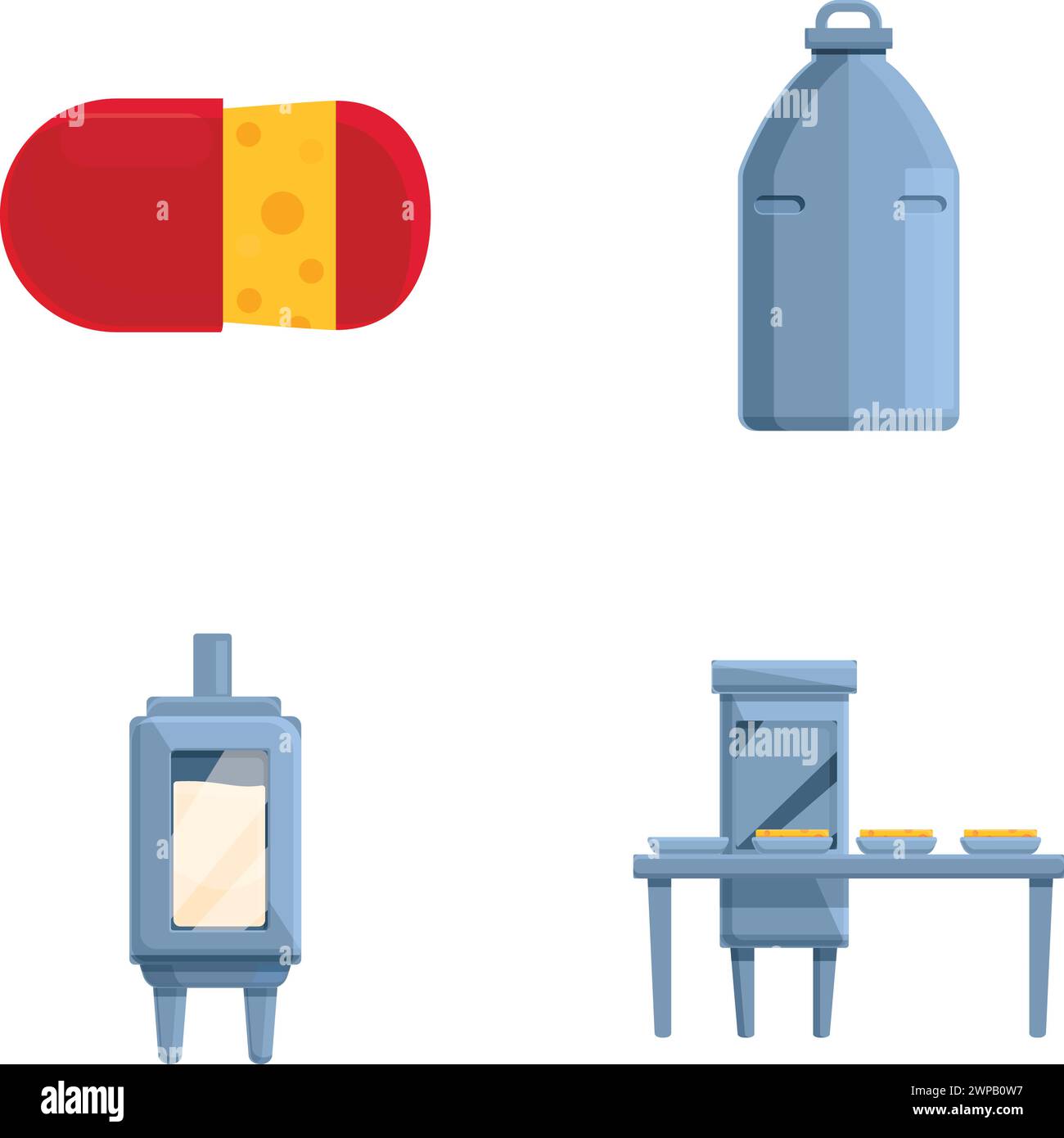 Cheese production icons set cartoon vector. Equipment for production of ...