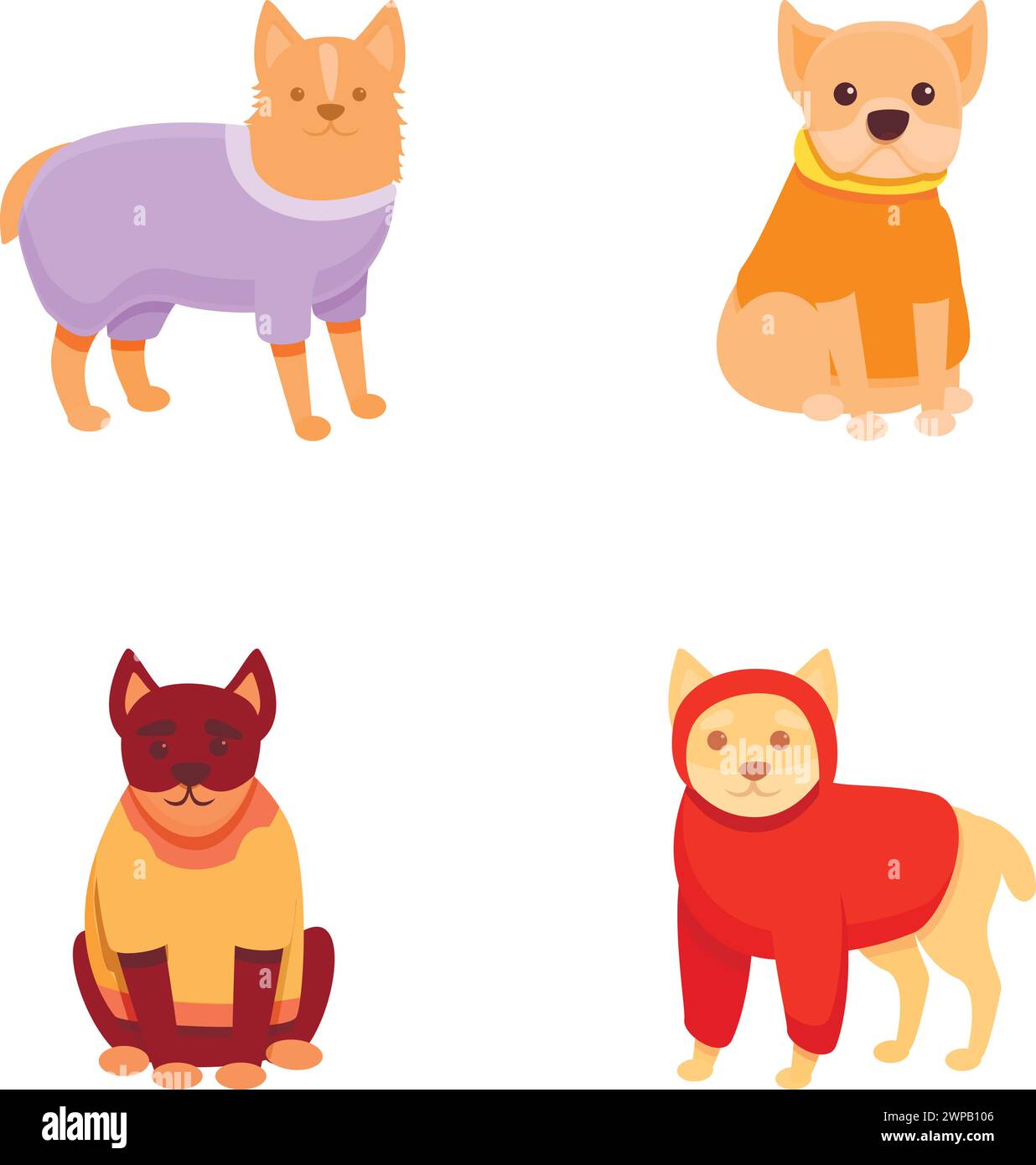 Dog clothes icons set cartoon vector. Different breed of dog in bright ...