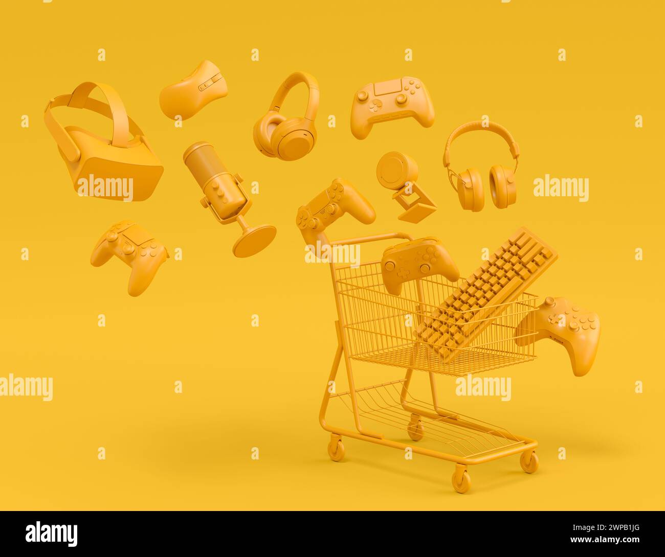 Flying gamer gears like mouse, keyboard, joystick, headset, VR Headset ...