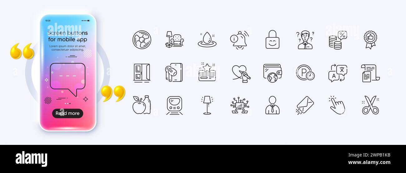 Social Care Information Bell And Lock Line Icons For Web App Pictogram Icon Phone Mockup