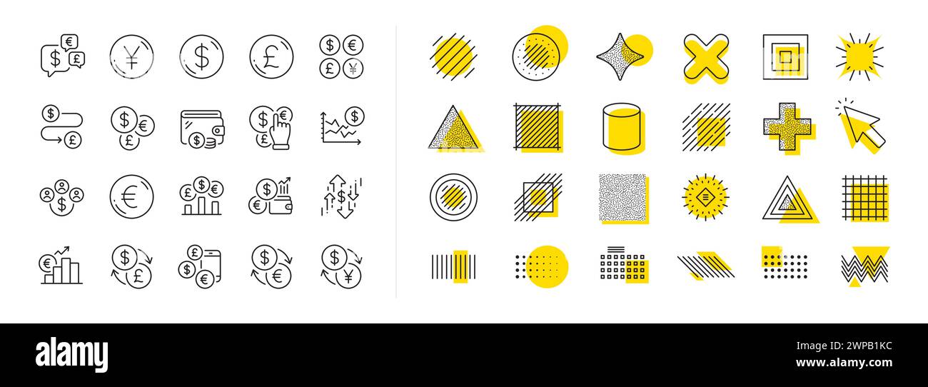 Currency line icons. Cash money, Euro Dollar transfer and Currency ...