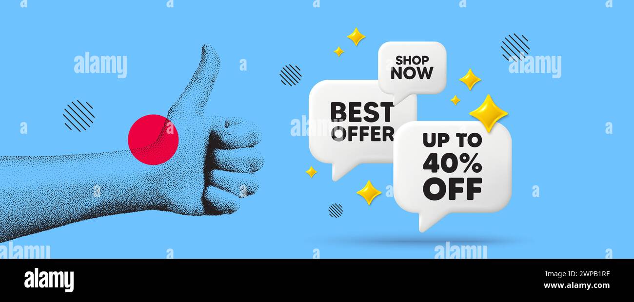 Up to 40 percent off sale. Discount offer price sign. Hand showing ...