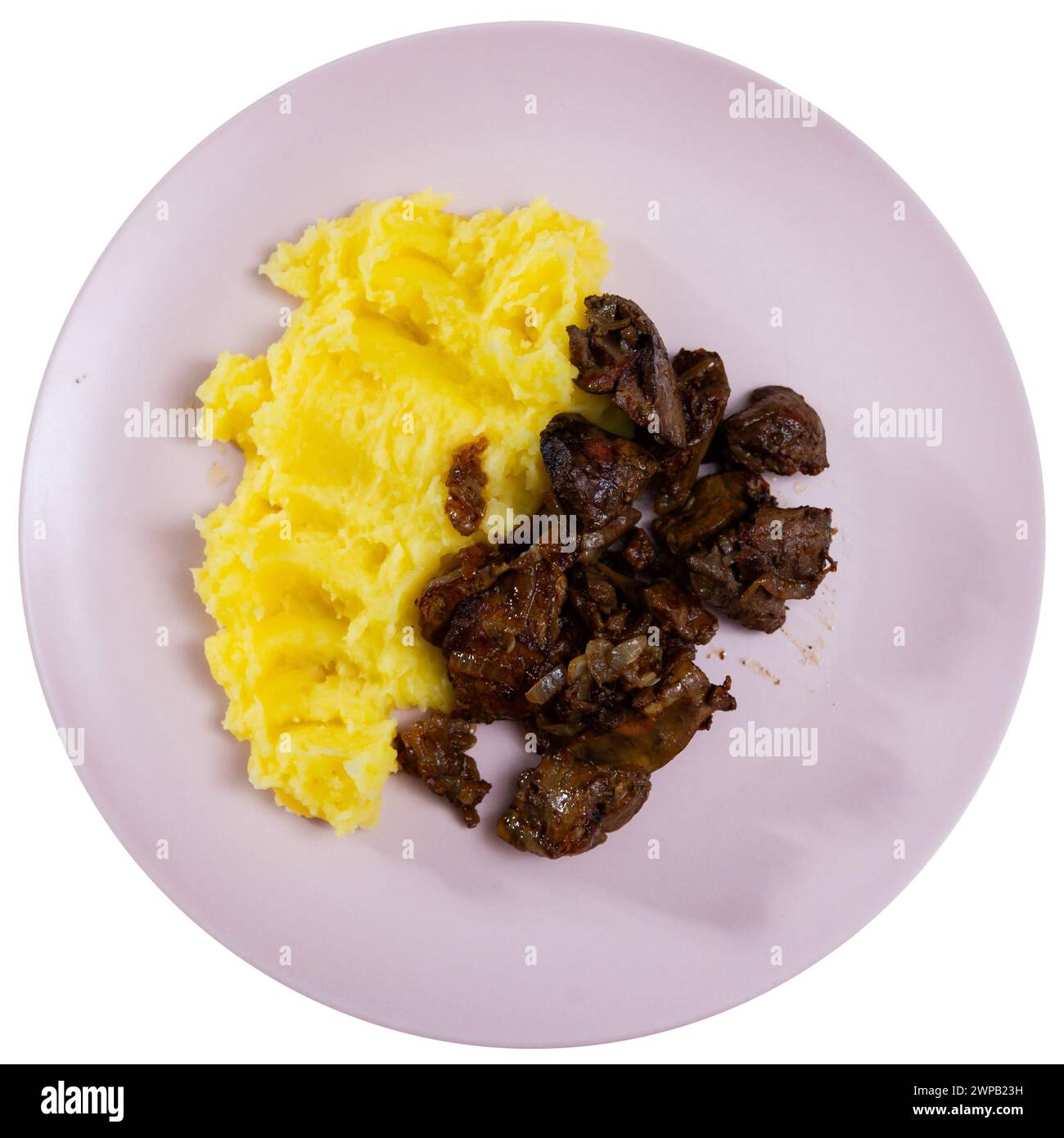 Mashed puree potatoes with fried chicken liver as main course with ...