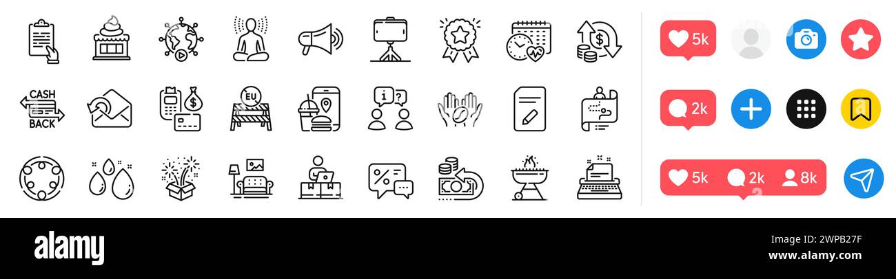 Interview, Ice cream and Selfie stick line icons pack. For web app ...