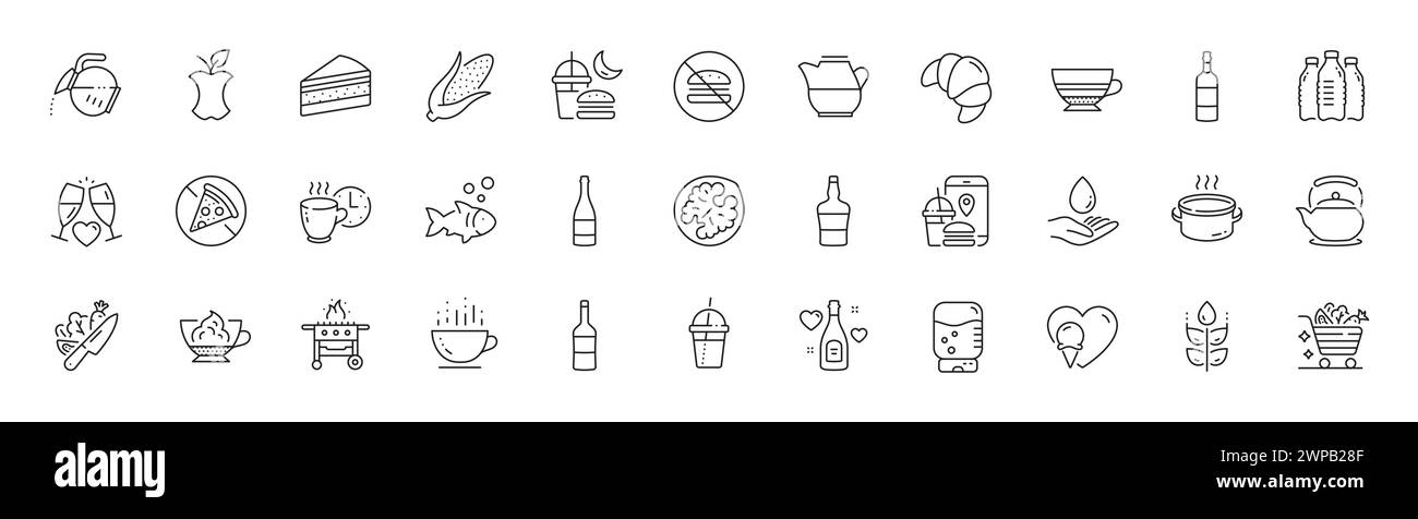 Vegetables cart, Ice cream and Cake line icons. For web app, printing ...