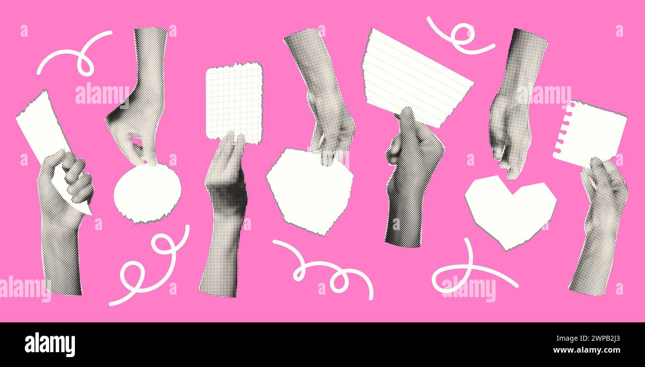 Halftone collage hands holding torn paper set vector illustration Stock ...