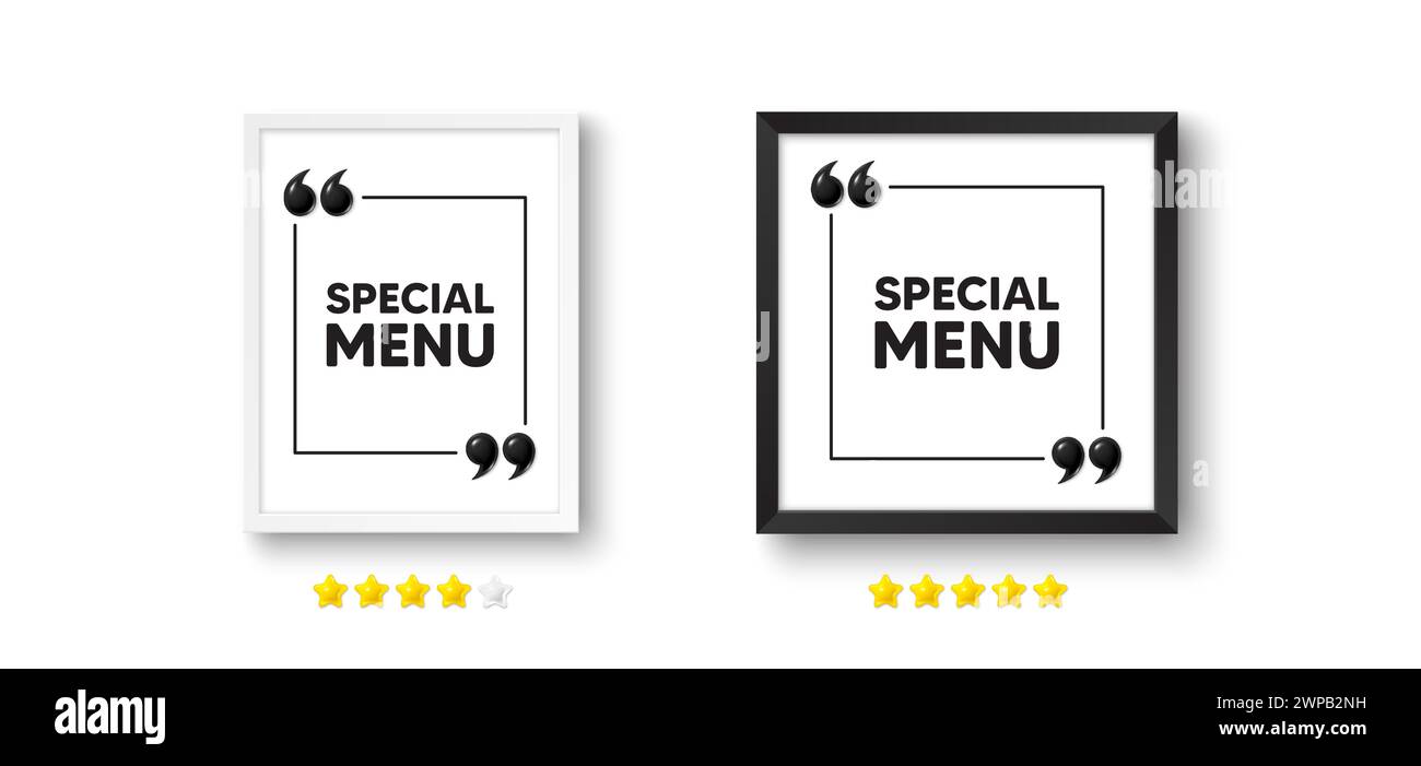 Special menu tag. Kitchen food offer. Picture frame with 3d quotation ...