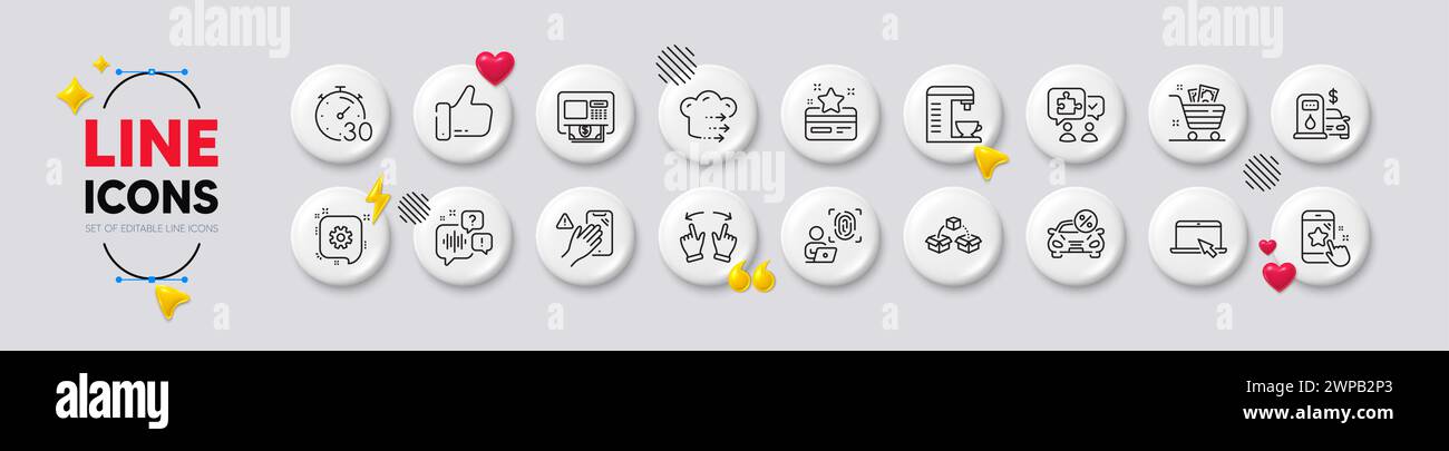 Puzzle, Voicemail and Star rating line icons. For web app, printing. White buttons 3d icons ...