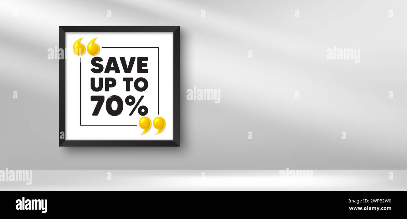 Save up to 70 percent. Discount Sale offer price sign. Photo frame ...