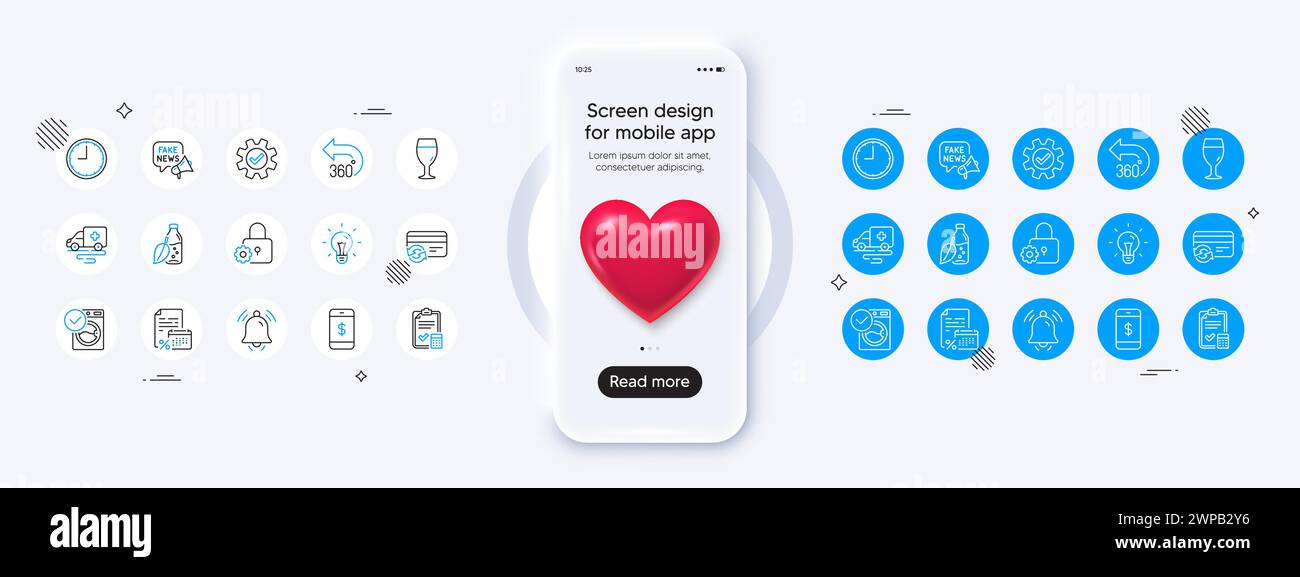 Time, Notification bell and Ambulance transport line icons. For web app, printing Vector Stock ...