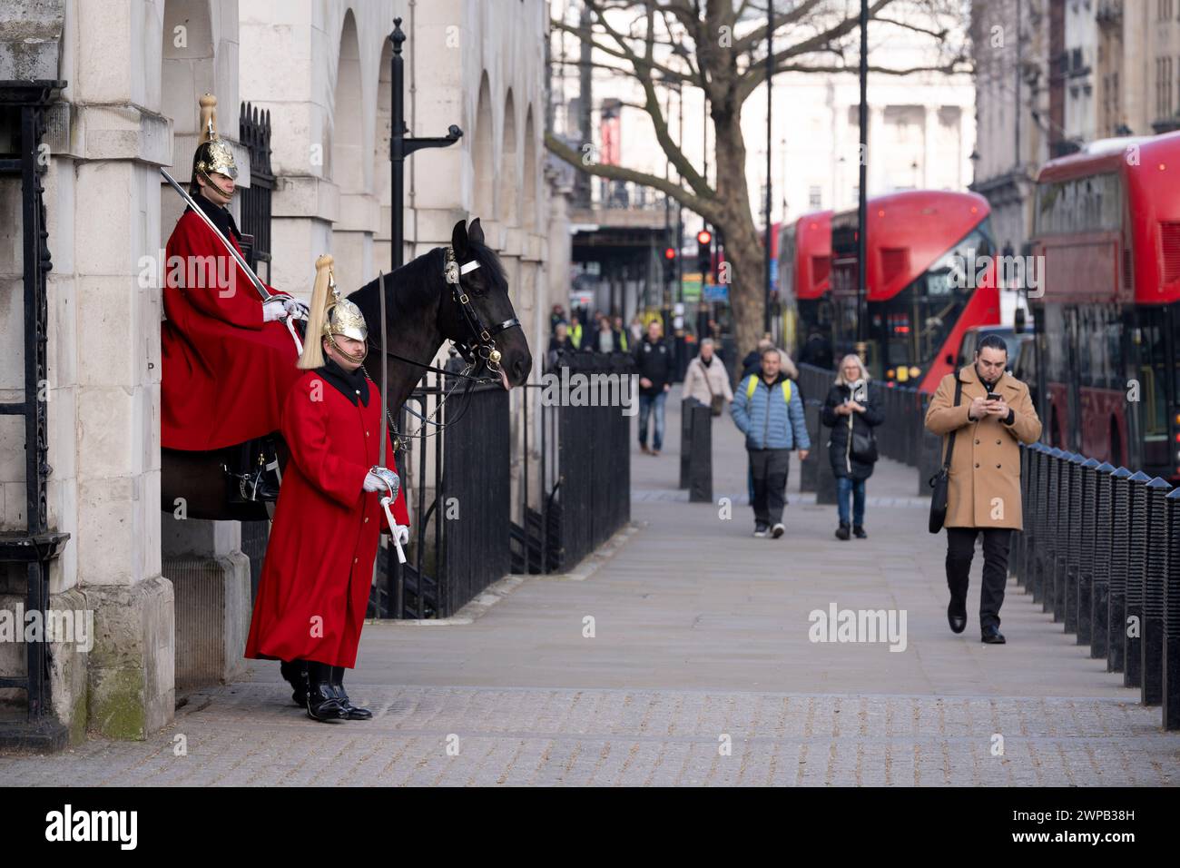 Ceremonial parade of a mounted Horse Guard sentry on Whitehall, on 6th ...