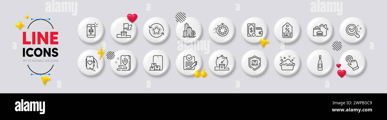 Timer, Chemistry lab and Champagne line icons. For web app, printing ...