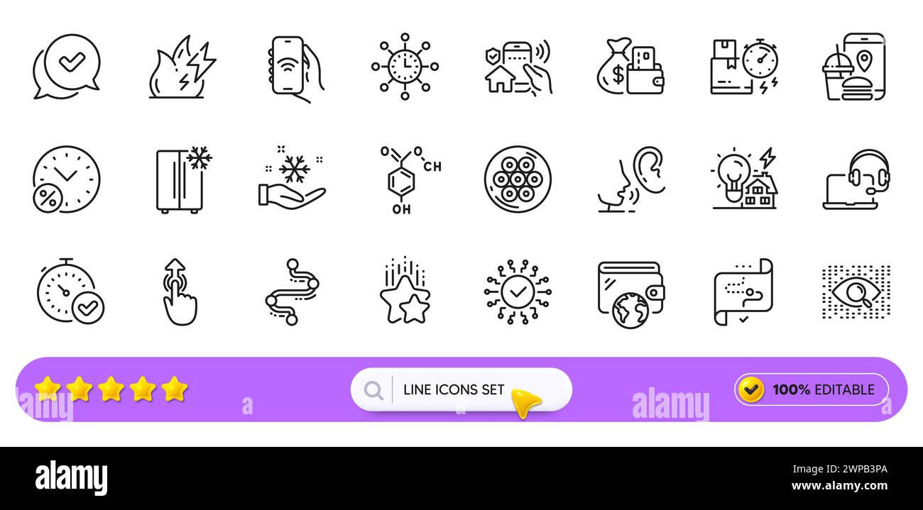 Timeline, Whisper and Building energy line icons for web app. Pictogram ...