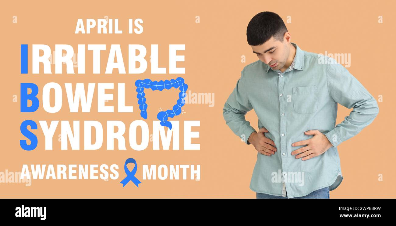 Awareness banner for Irritable Bowel Syndrome Month with ill man Stock Photo - Alamy