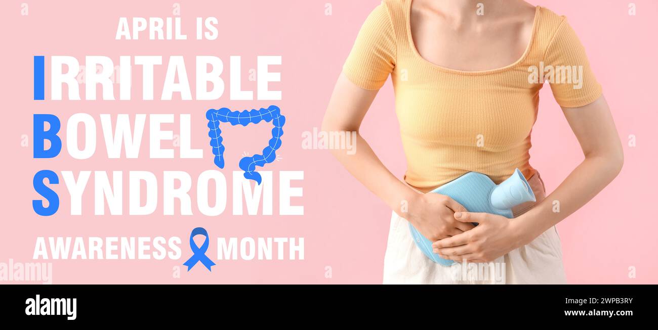 Awareness banner for Irritable Bowel Syndrome Month with ill woman with hot water bottle Stock ...