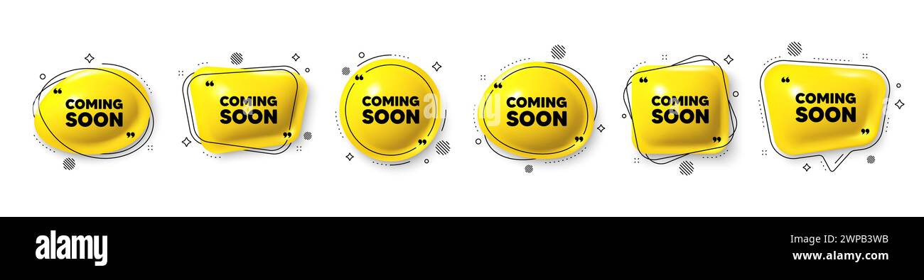 Coming soon tag. Promotion banner sign. Speech bubble 3d icons set ...