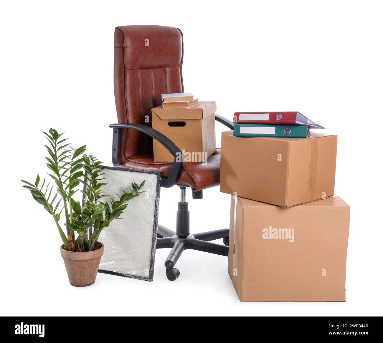 Chair with cardboard boxes, folders and houseplant on white background ...