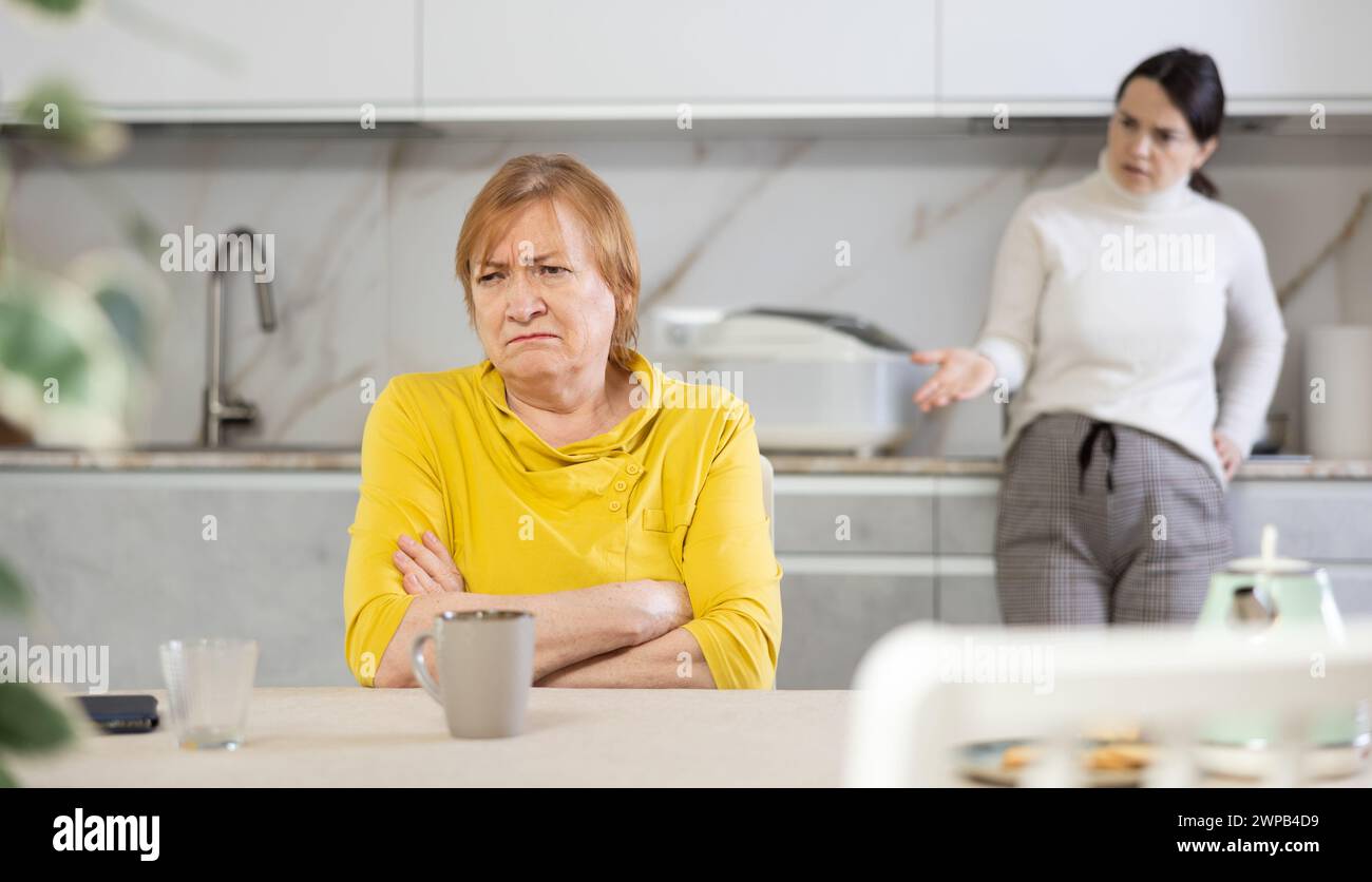 Frustrated elderly mother having tense conversation with her daughter ...
