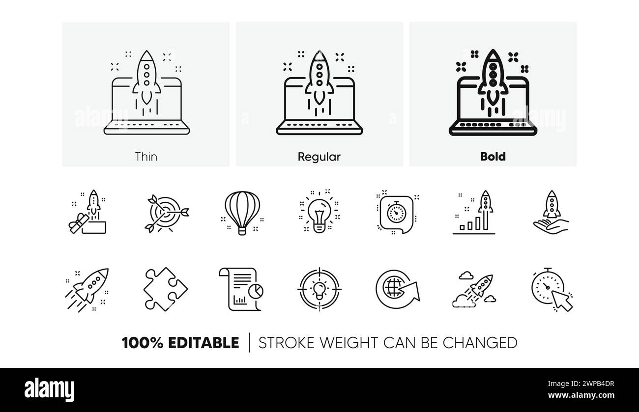 Startup line icons. Launch Project, Business report and Target. Linear icon set. Line icons ...