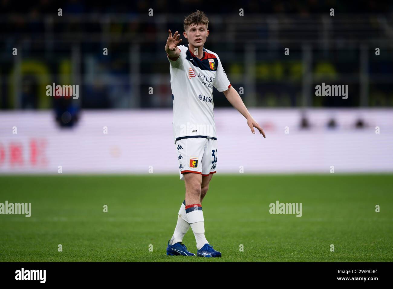 Milan, Italy. 4 March 2024. Morten Frendrup of Genoa CFC gestures ...
