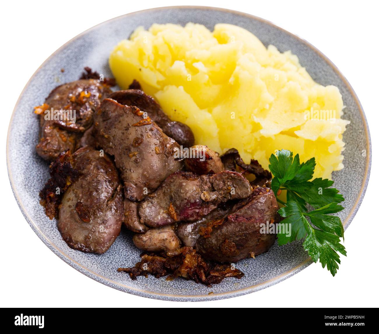 Mashed puree potatoes with fried chicken liver as main course Stock ...