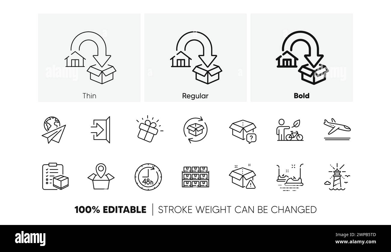 Boxes shelf, Delivery warning and Eco bike line icons. For web app ...