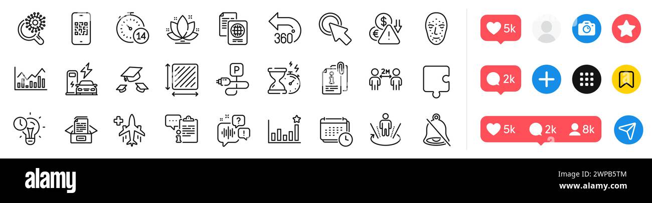 360 degrees, Augmented reality and Quarantine line icons pack. For web app. Social media icons ...