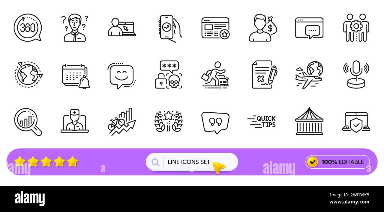 Quote bubble, Seo analysis and Salary line icons for web app. Pictogram ...