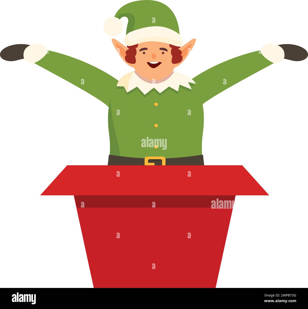 Elf exit from gift box icon cartoon vector. Christmas surprise. Magic ...