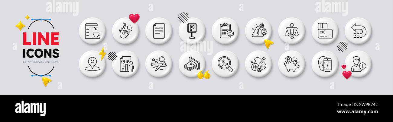 360 degrees, Coffee machine and Business report line icons. For web app, printing. White buttons ...