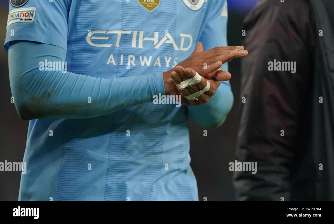 Manchester City's Matheus Nunes leaves the game with a finger injury ...