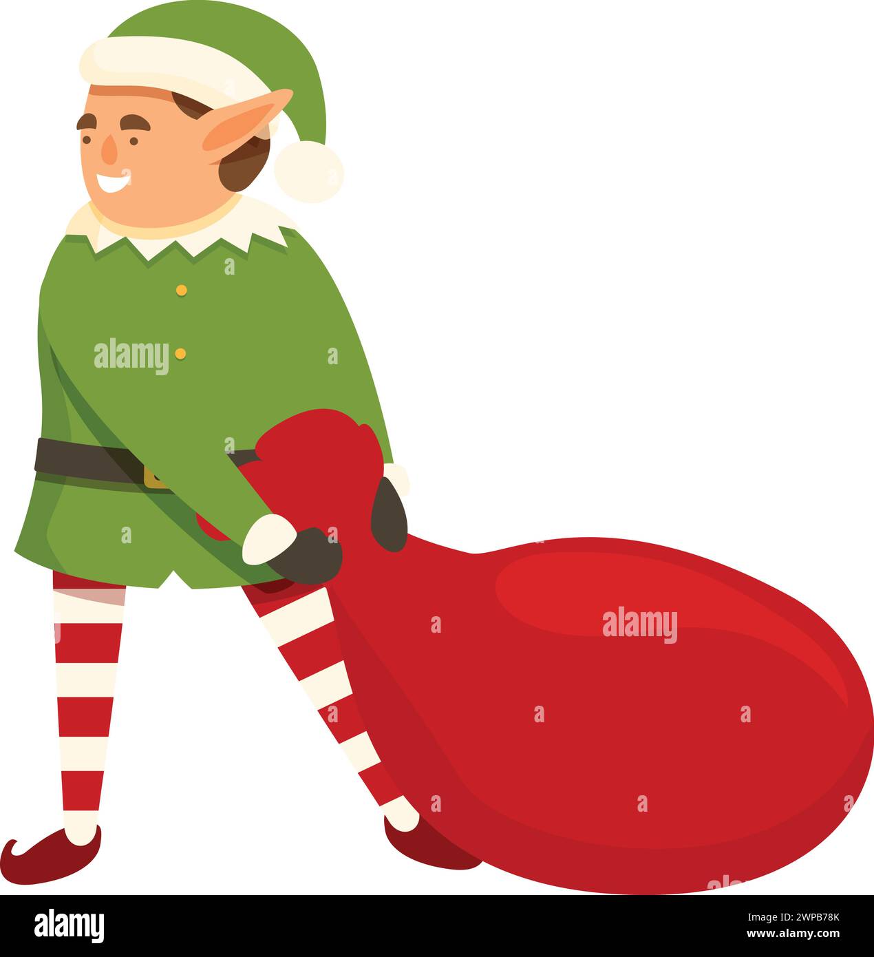 Elf take new gifts icon cartoon vector. Big red sack. Santa best helper ...