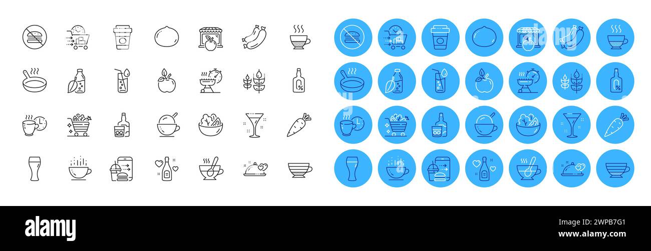 Food order, Cocktail and Frying pan line icons pack. For web app. Color ...