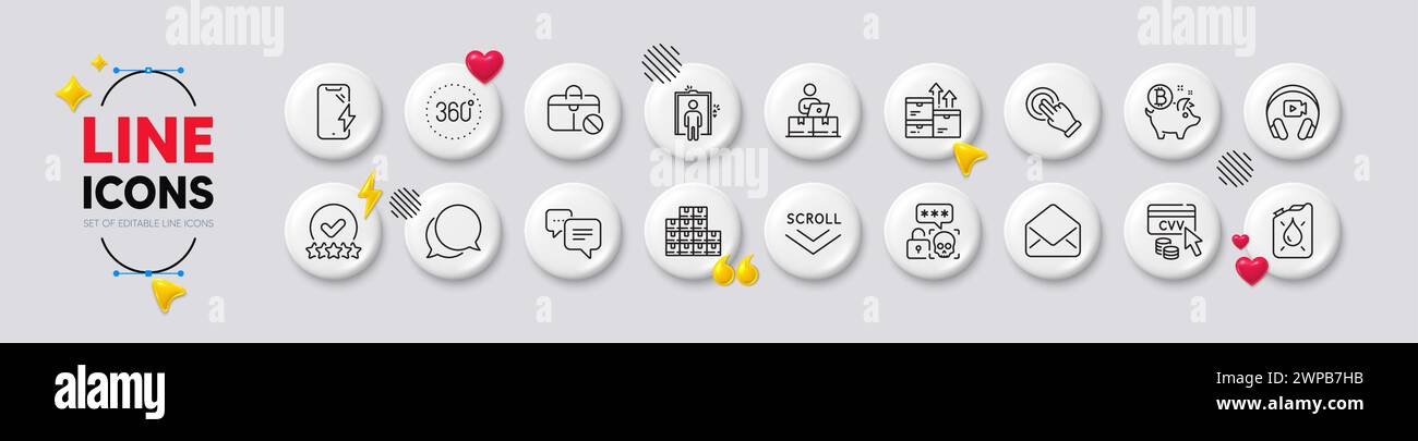 Mail, 360 degrees and Cyber attack line icons. For web app, printing ...