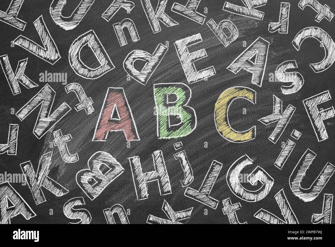 Letters of the English alphabet are drawn with chalk on a school ...