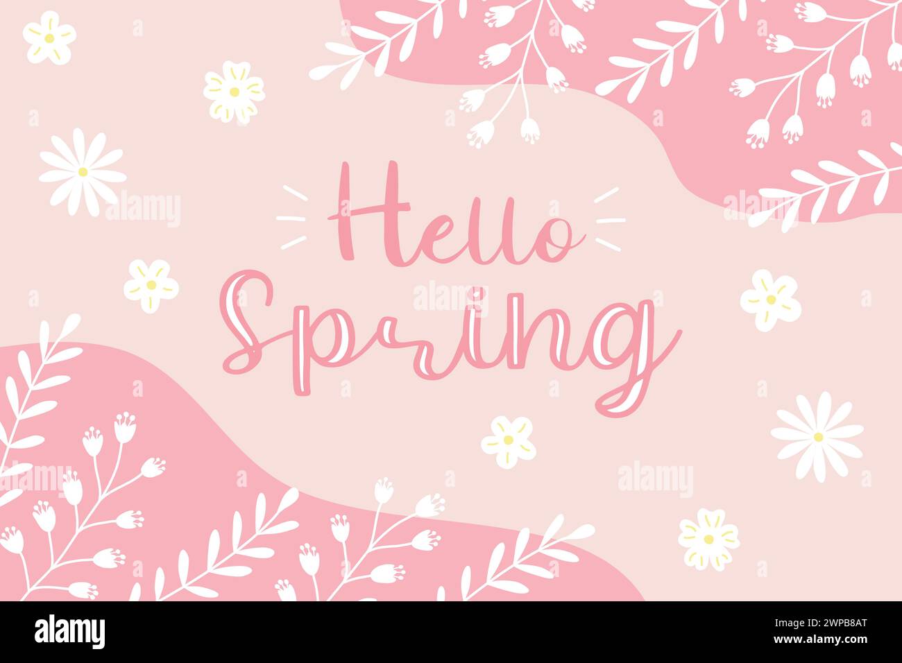 Hello Spring background or greeting card with branches, flowers and ...