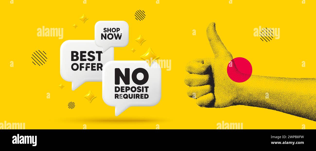 No deposit required tag. Promo offer sign. Hand showing thumb up like ...