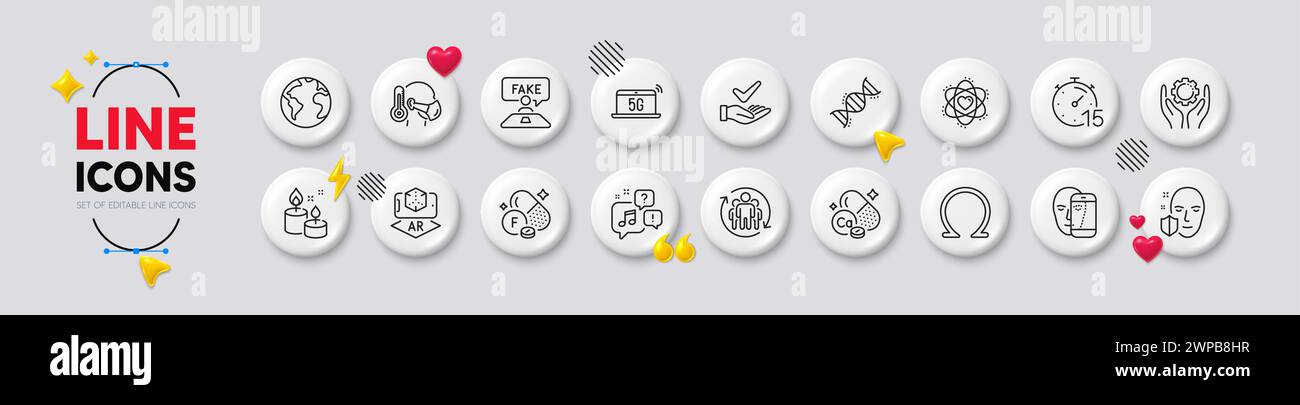 Calcium mineral, Voicemail and Teamwork line icons. For web app, printing. White buttons 3d ...