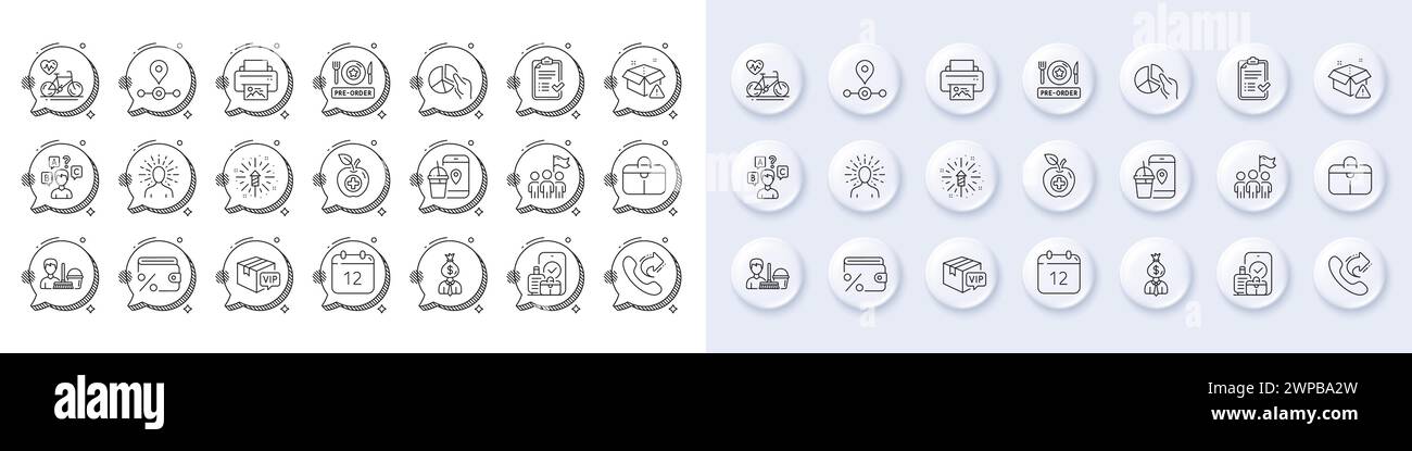 Fireworks explosion, Pie chart and Handbag line icons. For web app, printing. Line icons. Vector ...