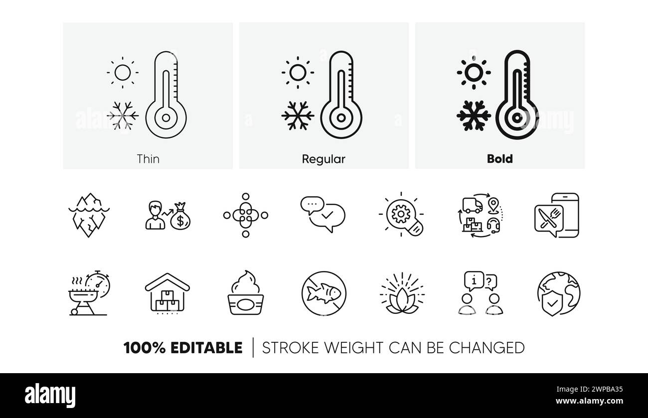 Weather thermometer, Ice cream and Supply chain line icons. For web app ...