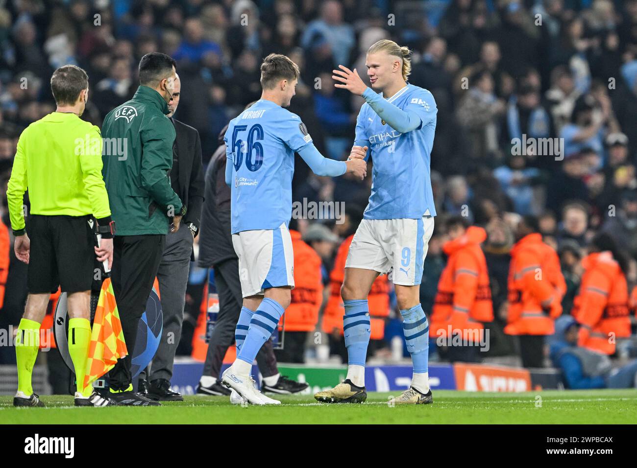 Erling Haaland of Manchester City is replaced by Jacob Wright of Manchester City during the UEFA ...