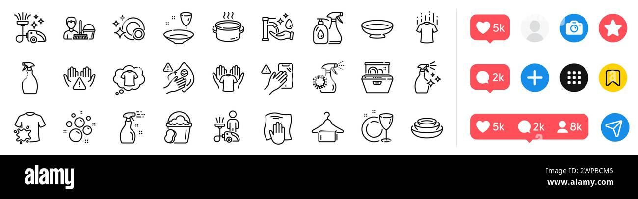 Cleaning liquids, Vacuum cleaner and Washing hands line icons pack. For ...