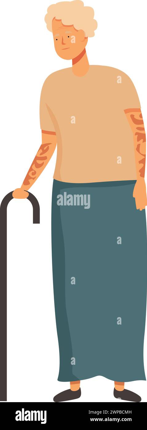 Senior woman stick old icon cartoon vector. Tattoos smile. Smile person ...