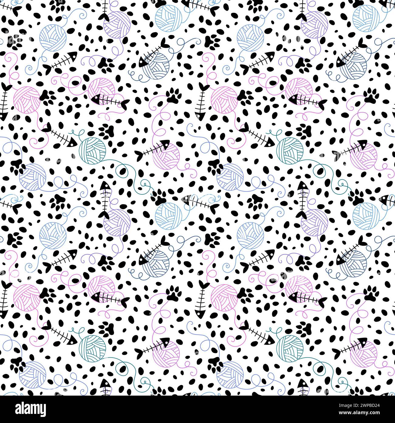 Cartoon animals accessories seamless cats and ball of threads and fish ...