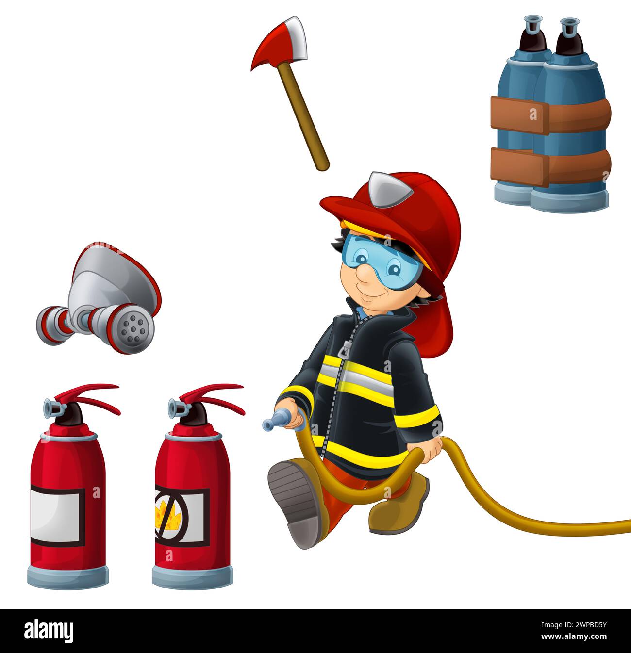 Cartoon happy and funny fireman working on white background with tools ...