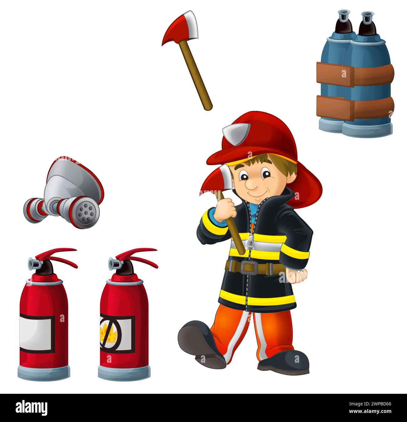 Cartoon happy and funny fireman working on white background with tools ...