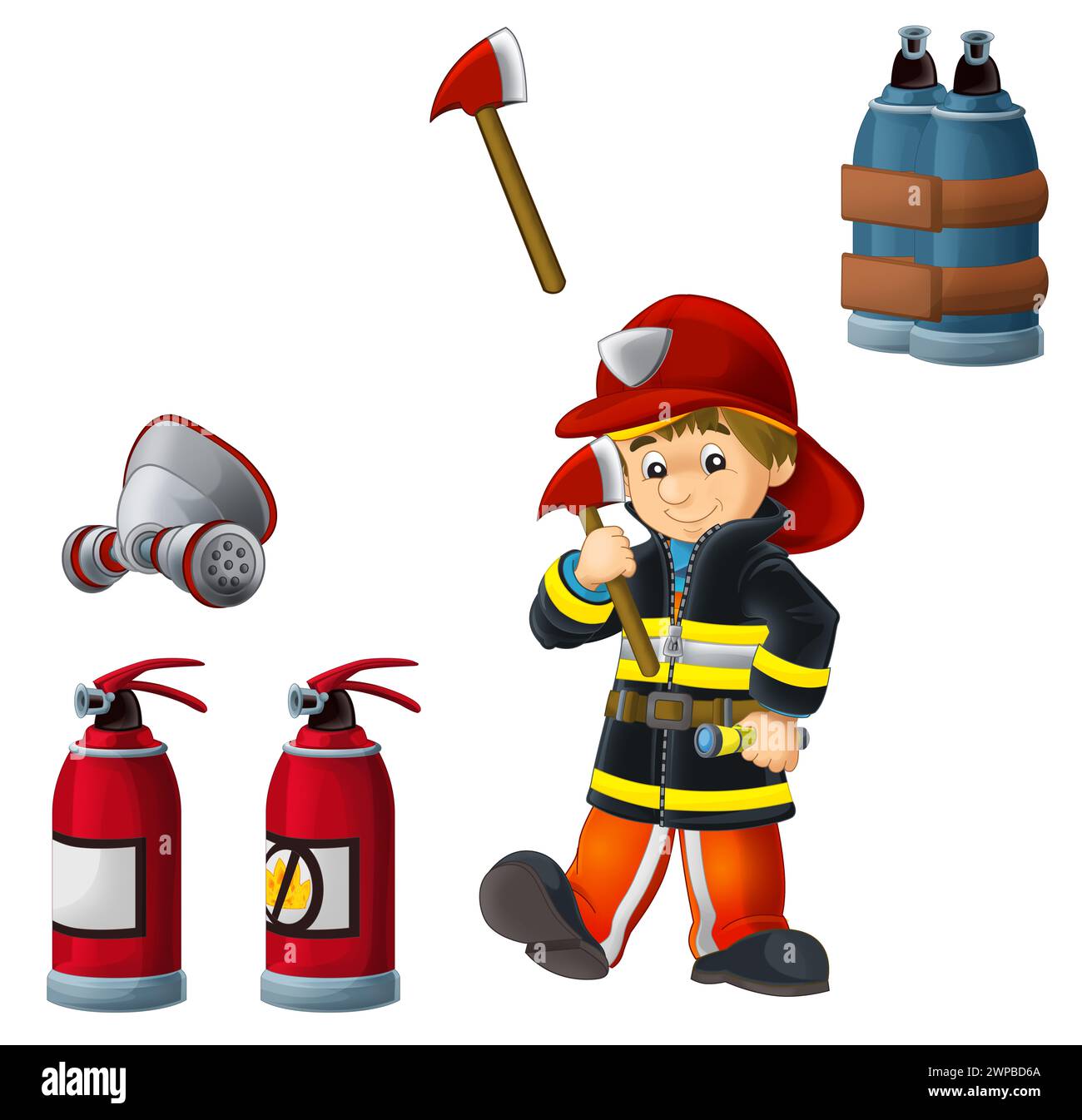 Cartoon happy and funny fireman working on white background with tools ...